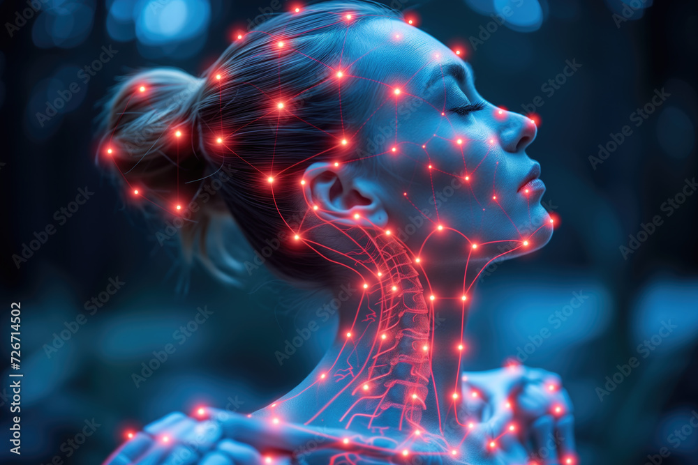 Foto de Stock Hernia of the cervical spine, neck pain, woman suffering ...