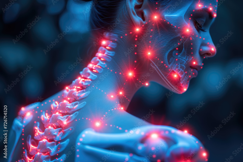 Hernia of the cervical spine, neck pain, woman suffering from backache ...