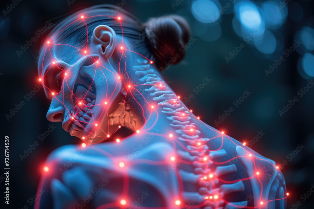 Hernia of the cervical spine, neck pain, woman suffering from backache ...