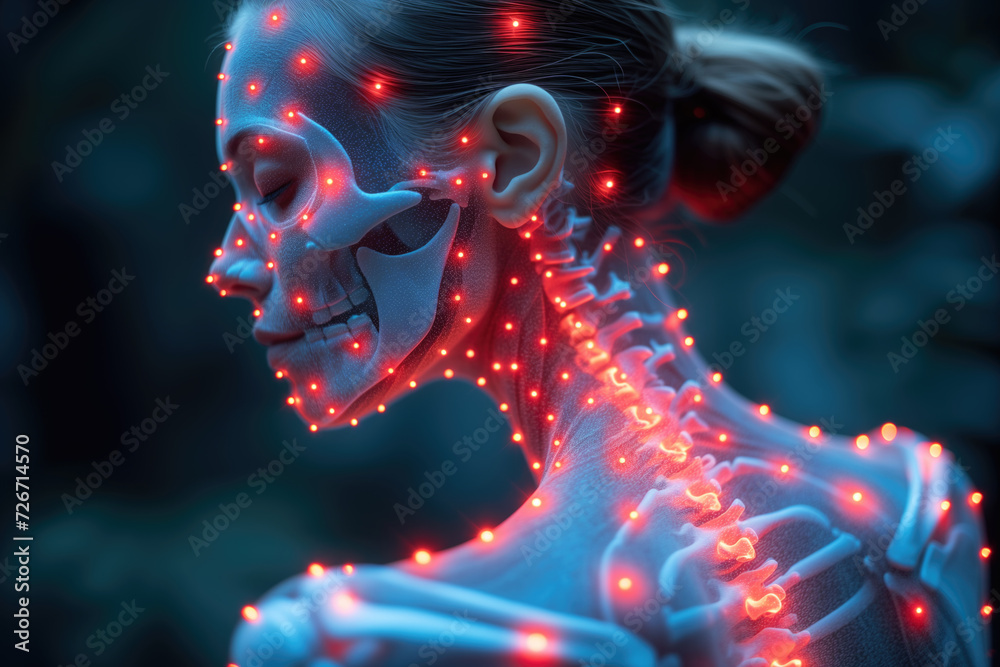 Hernia of the cervical spine, neck pain, woman suffering from backache ...