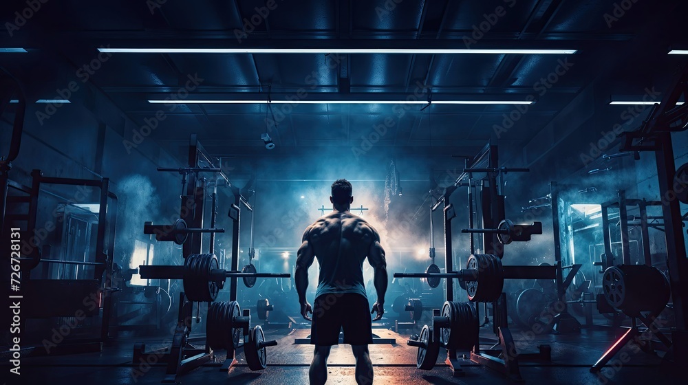 A focused, fit man lifts weights in a gym, showcasing strength and ...