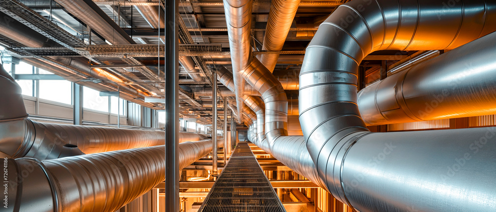 Building piping systems, an array of different pipes and piping systems ...