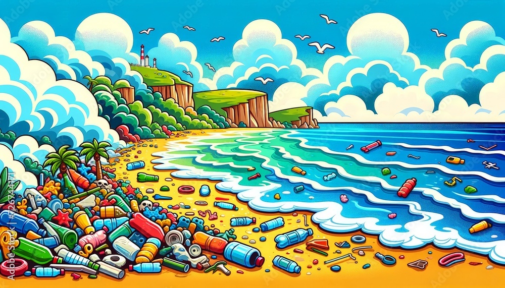 Cartoon illustration of a beautiful beach polluted with plastic waste ...