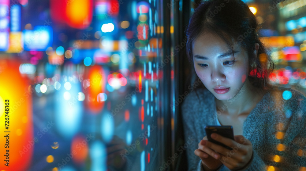 Teenage girl sitting by the bus window which looks like big screen ...