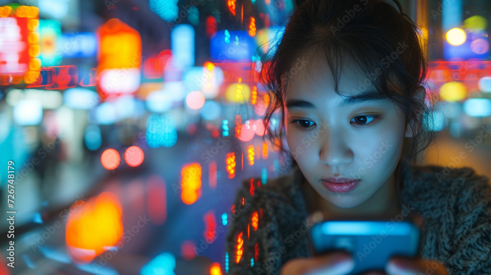 Teenage girl sitting by the bus window which looks like big screen ...