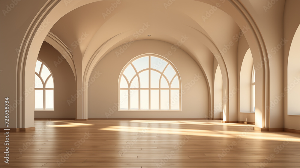 Cathedral style archway arch windows background image. Empty spacious ...