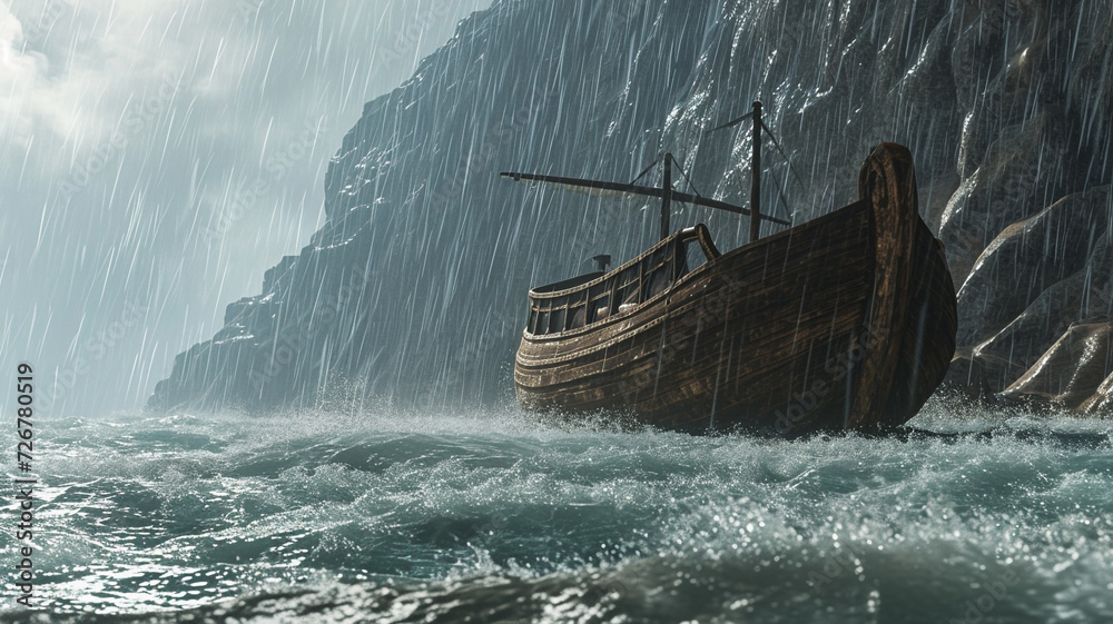 Noah's Ark, animals in the storm, bad weather, rain, sea, boat flood ...