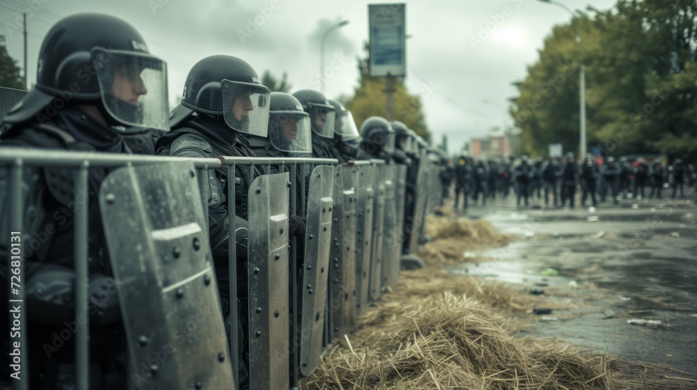 A formation of riot police equipped with helmets, body armor, and ...