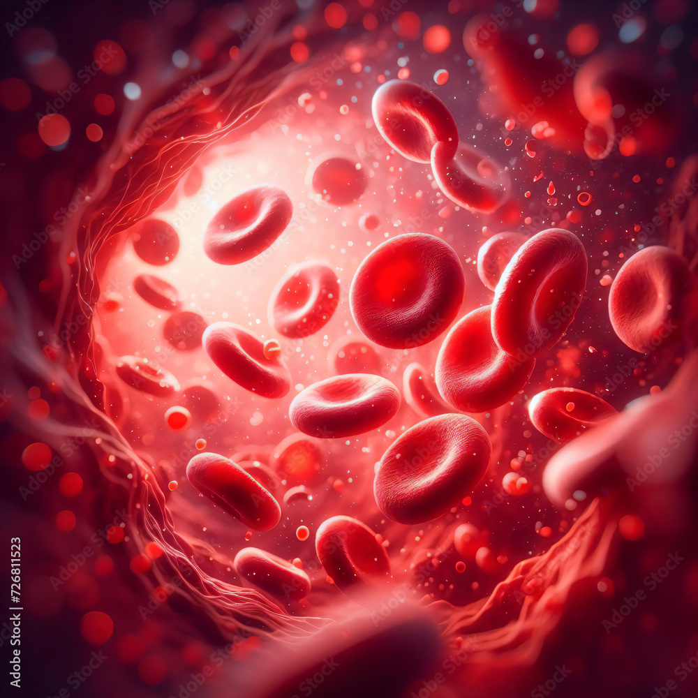 Dynamic illustration red blood cells flowing vessel. Biconcave shape ...