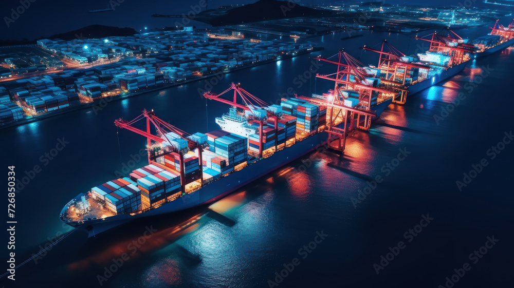 Container ship unloading in deep sea port, Aerial business commercial ...