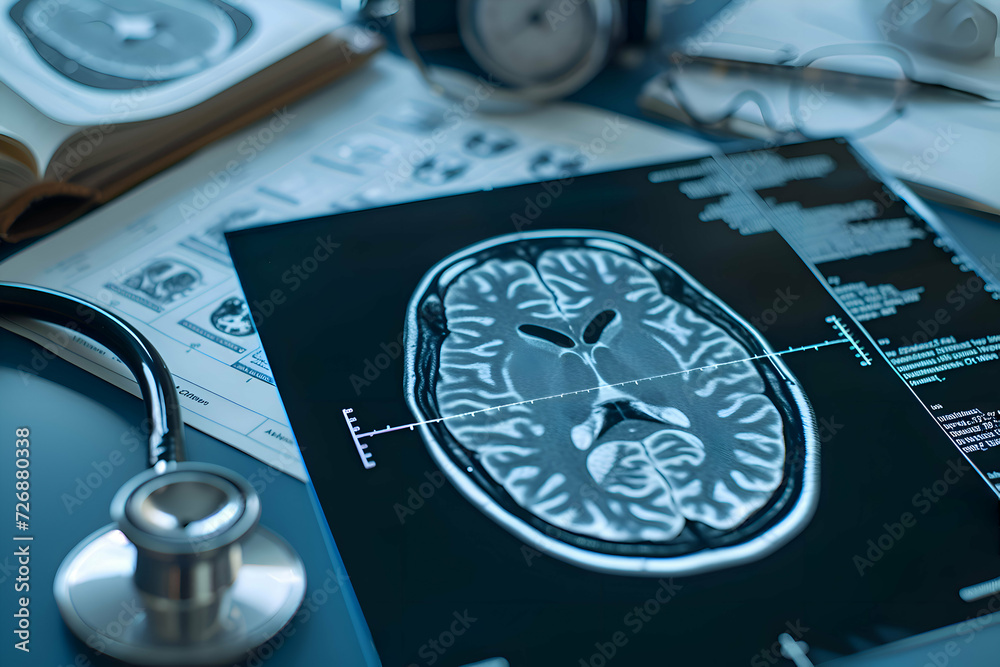 An illustration of a picture of Mri brain scan on the table. Mri ...