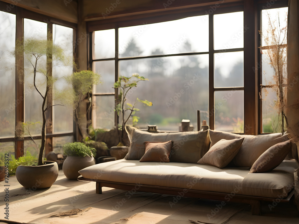 Generative KI helles Wohnzimmer mit großen Fenstern und Pflanzen im ...