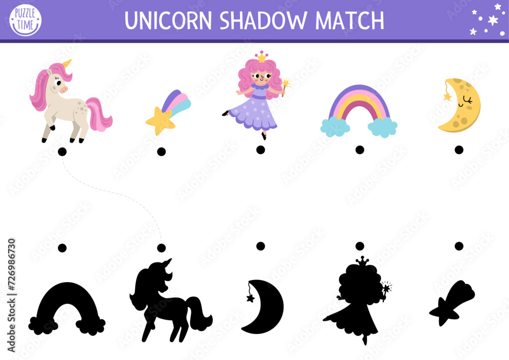 Unicorn shadow matching activity with rainbow, fairy, falling star ...