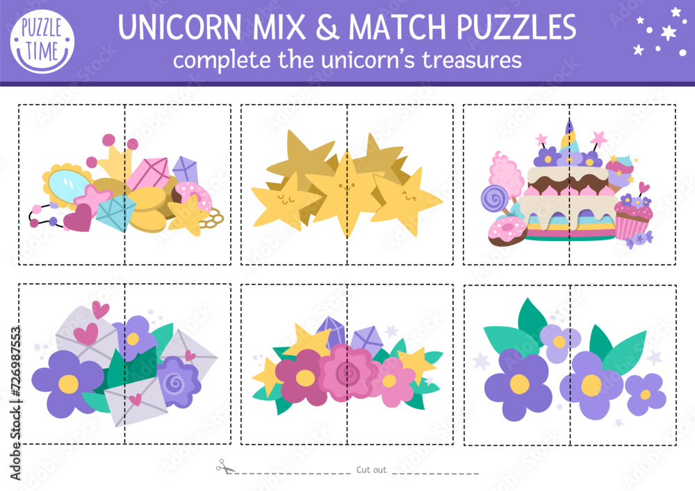 Vector unicorn mix and match puzzle with cute treasures. Matching ...