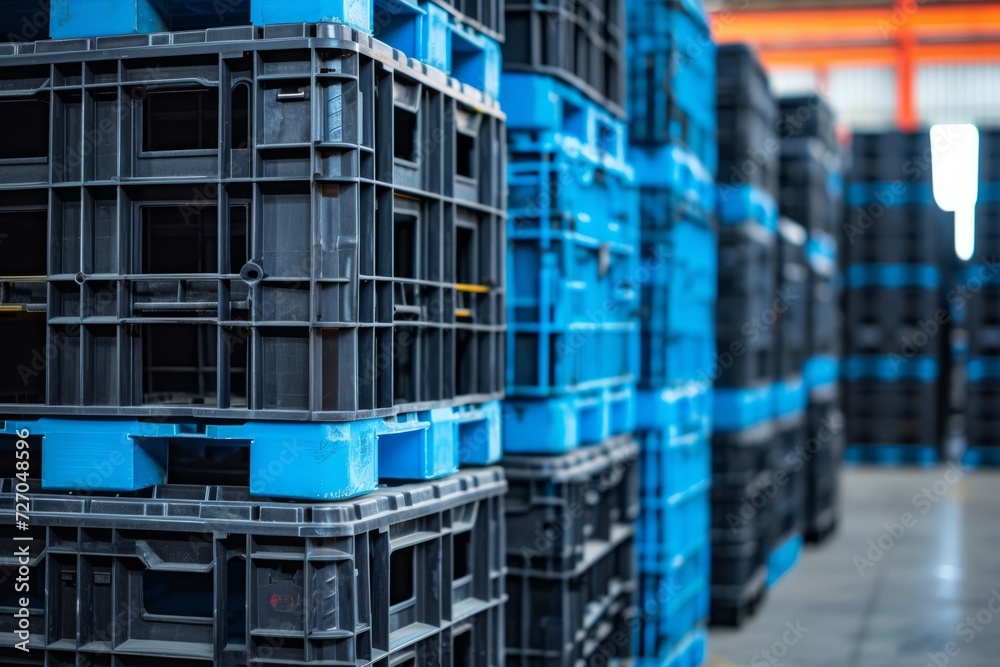 Pile of plastic shipping pallet. Industrial plastic pallet stacked at ...