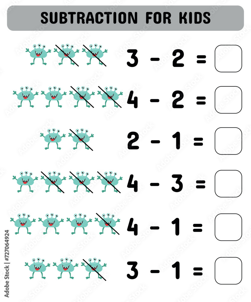 Subtraction game for kids with cute monsters. Educational math game ...