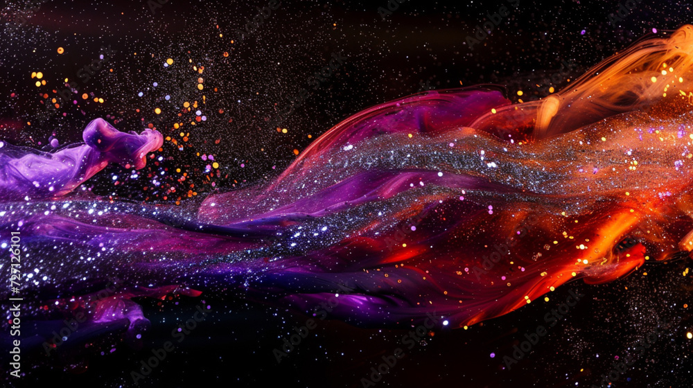 Stream Of Glitter Metallic Silver And Purple Red Orange Liquid Inks ...