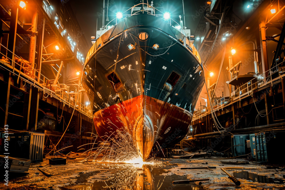 Large ship in a dry dock at night with welding sparks flying during ...