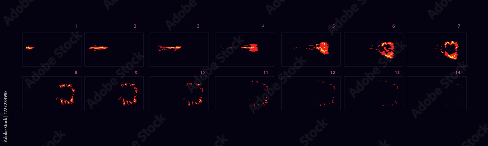Fire explosion during the shot with the machine. Fire burst animation ...