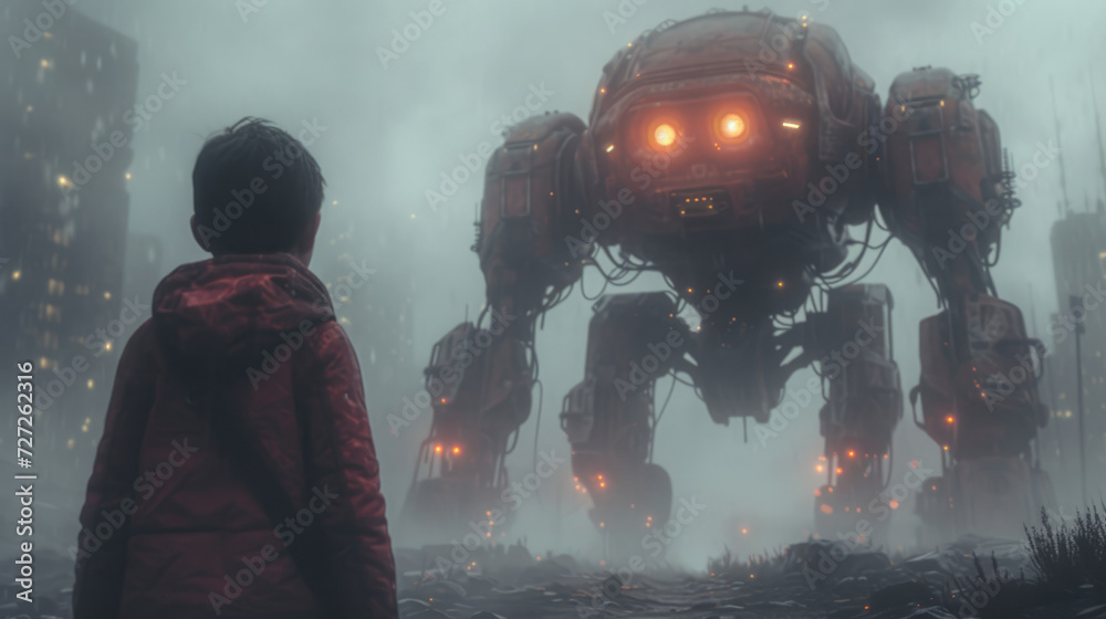 Boy watch giant robots invasion. Rise of Machines concept. Scary future ...