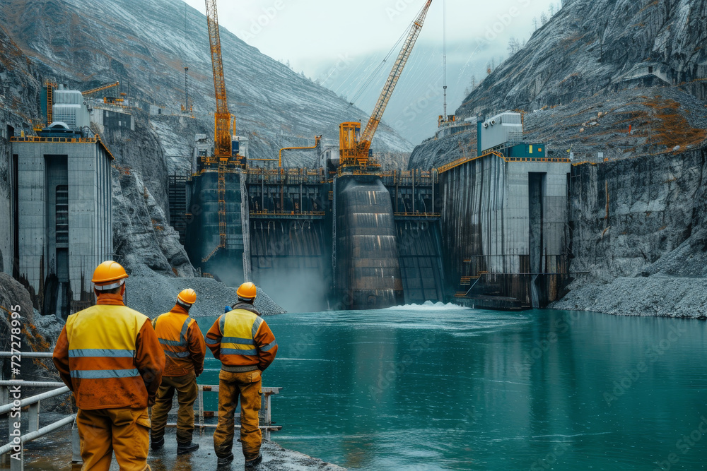 Workers Overlooking Hydroelectric Dam Construction Construction workers ...