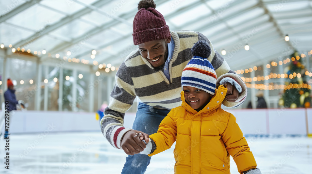 Adult is seen teaching a child to skate on an indoor ice rink Stock ...