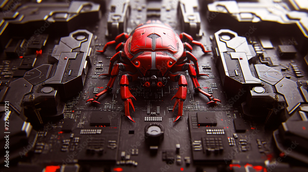 red robotic beetle sits on a complex black circuit board, blending ...
