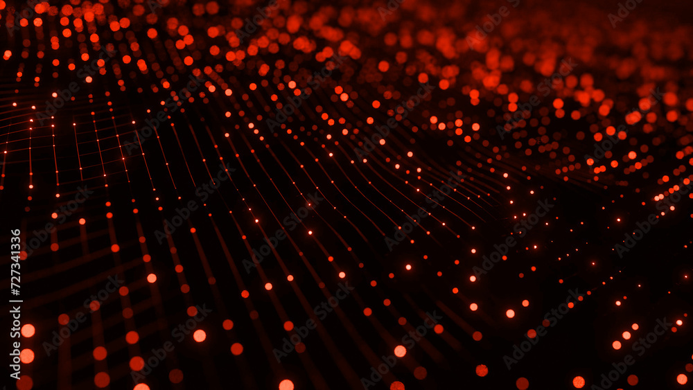 Abstract red wave particle background. Glowing random dots. Hi-tech, big data visualization ...