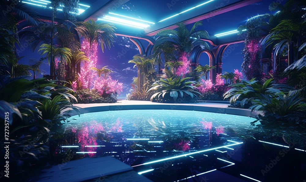 Neon tropical greenhouse with swimming pool background. Digital 3d ...