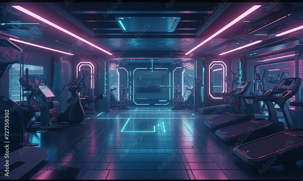 Neon cyber gym with treadmills background. Digital blank sports room ...