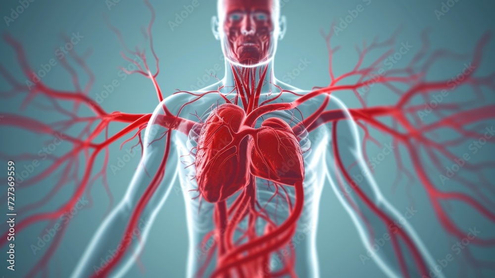 Detailed render of human circulatory system highlighting heart and ...