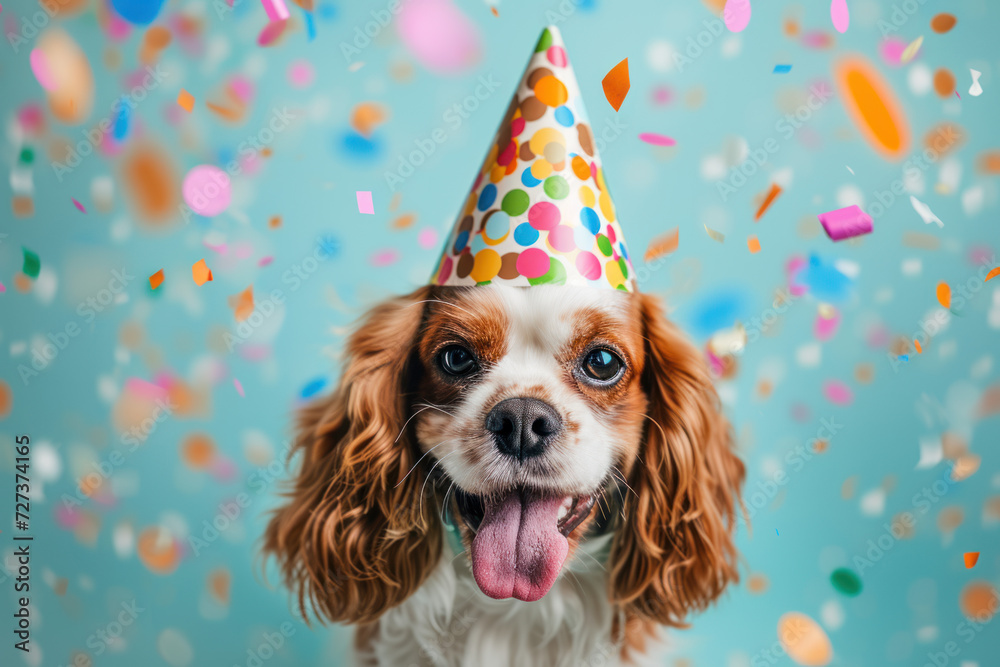 a joyful cute Cavalier King Charles Spaniel dog wearing a colorful ...