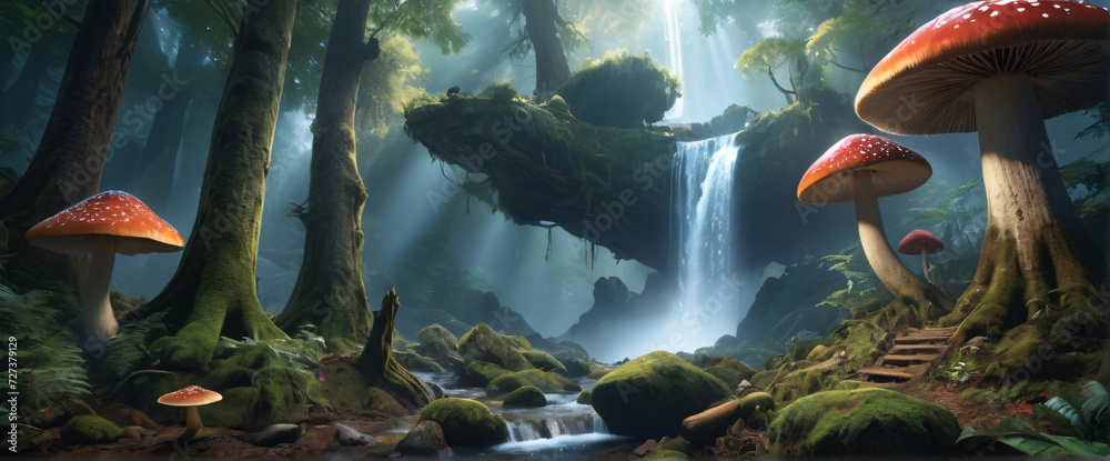 a mystical forest with towering ancient trees, glowing mushrooms, and a ...