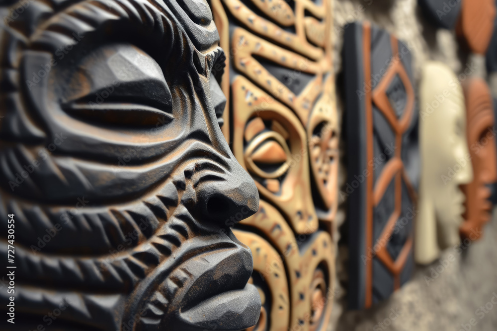 Design a relief sculpture inspired by African tribal masks, with bold ...