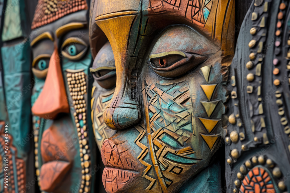 Design a relief sculpture inspired by African tribal masks, with bold ...