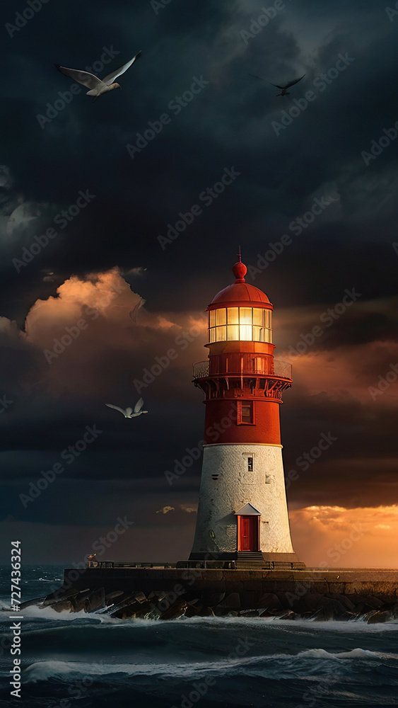 Lighthouse on the seaside, stormy sea with thunderclouds, the ...