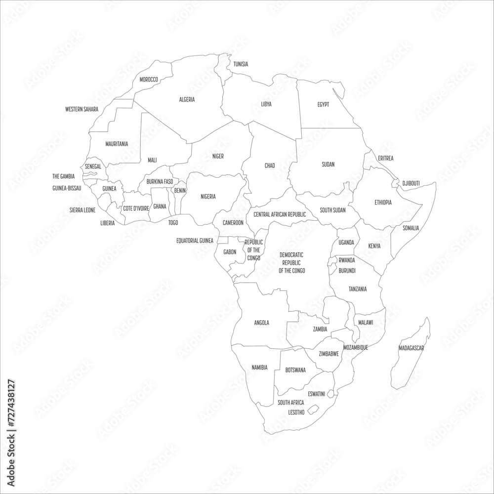 Political map of Africa. Thin black outline map with country name ...