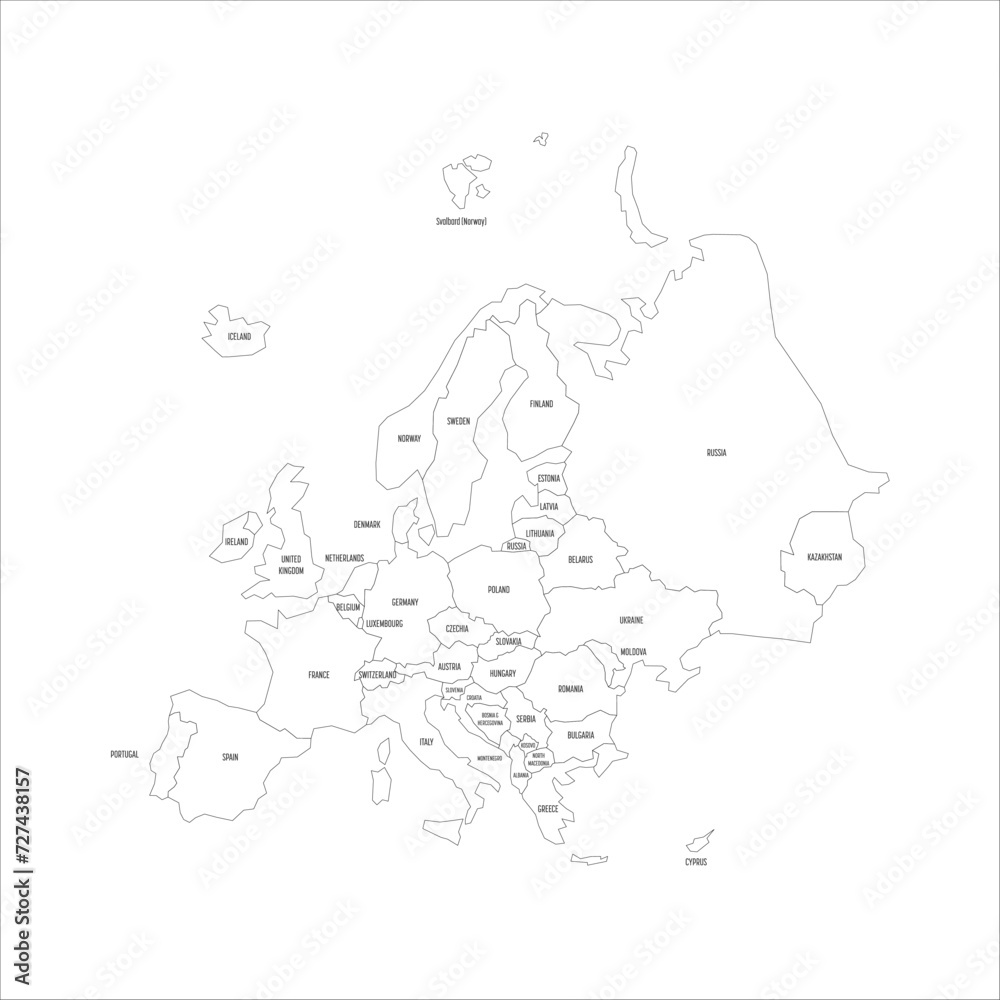 Political map of Europe. Thin black outline map with country name ...
