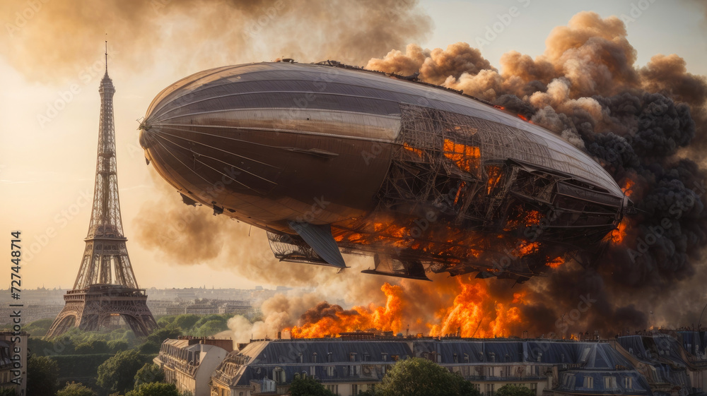 major disaster of a giant airship crashing with smoke and flames into ...