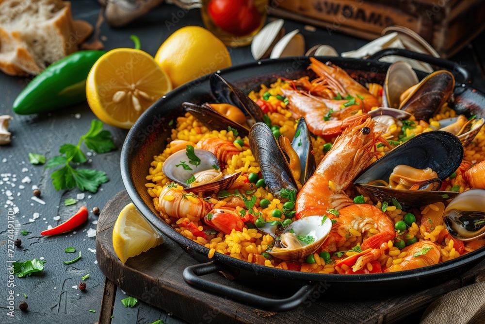 Tradicional Spanish paella with seafood. A dish of rice, shrimp ...