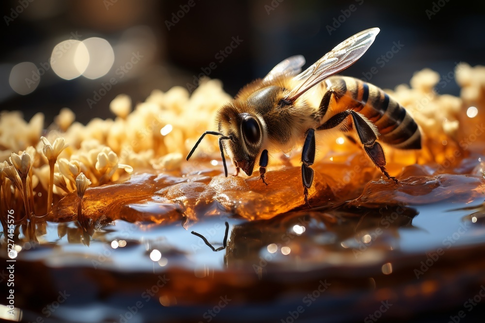 Macro bee photography with honey and honeycomb background, summer bee ...