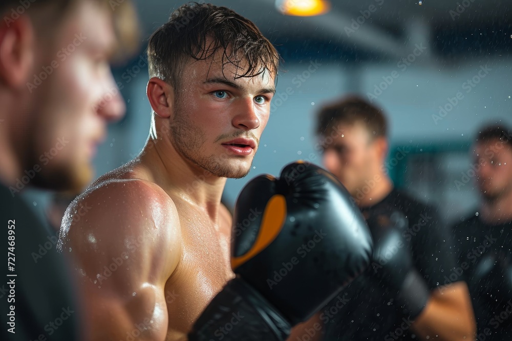 A barechested male person with a strong, muscular frame stands ready to ...