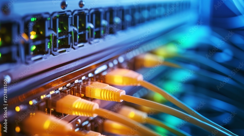 Fiber Optical cables connected to an optic ports and Network cables ...