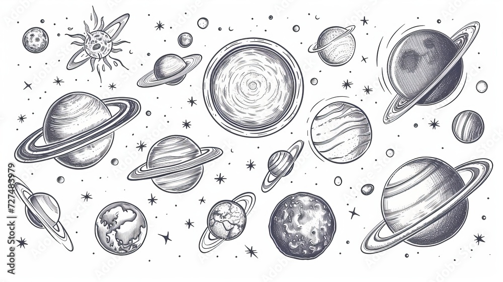 Sketch solar system. Hand drawn planets orbits, planetary and earth ...