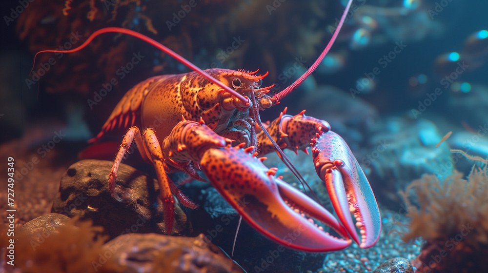 Lobster and crayfish in a seafood-filled aquarium, showcasing red ...