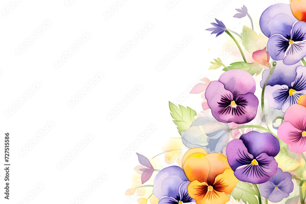 Watercolor colorful Pansy flower border background with copy space for ...