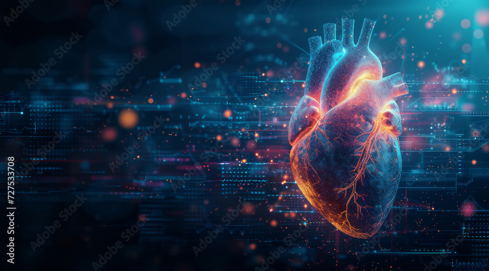 Abstract human heart with neon blue illumination surrounded by digital ...