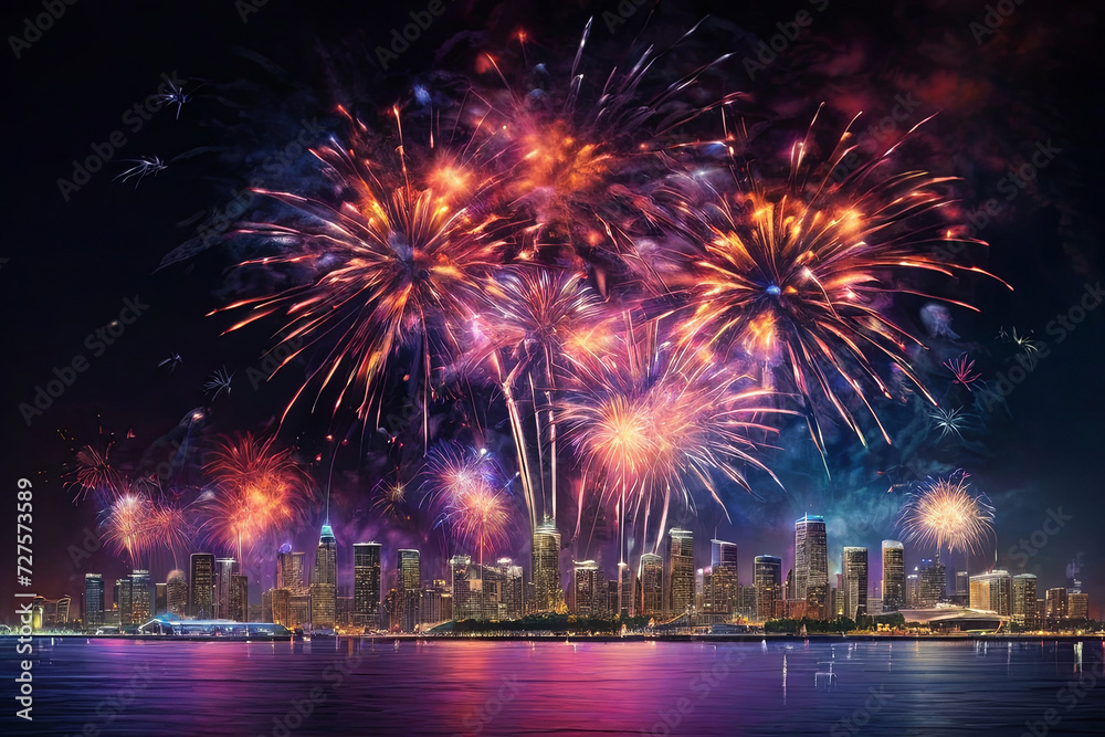 Spectacular fireworks. Vibrant display illuminates cityscape, creating ...