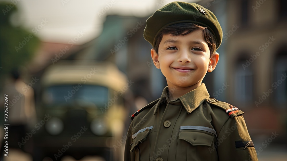 Smiling boy wearing army uniform Stock Photo | Adobe Stock