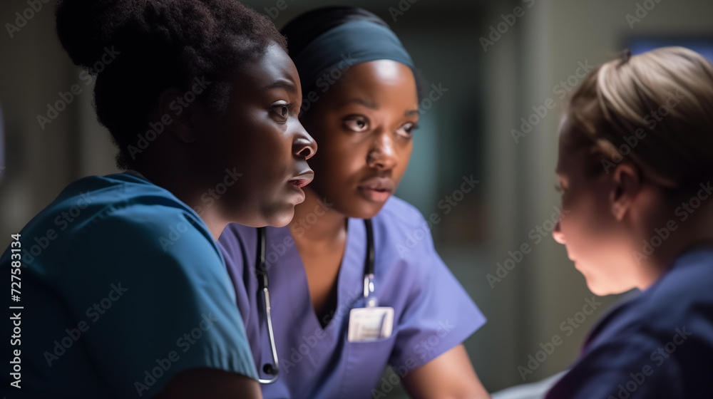 Three female nurses in the emergency department of a hospital, ED ...